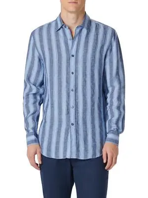 BUGATCHI Julian Shaped Fit Stripe Linen Button-up Shirt