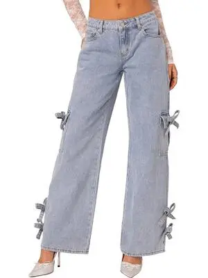 EDIKTED Bow Low Rise Wide Leg Cargo Jeans - Light-blue