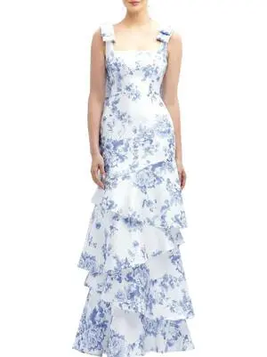 Dessy Collection Floral Print Ruffle Gown - Cottage Rose-larkspur Print