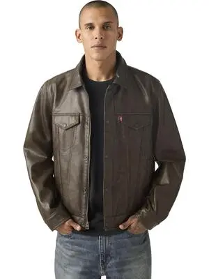 LEVI'S Faux Leather Trucker Jacket - Brown
