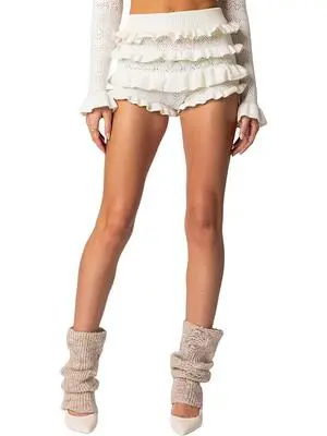 EDIKTED Knit Ruffle Shorts - Cream