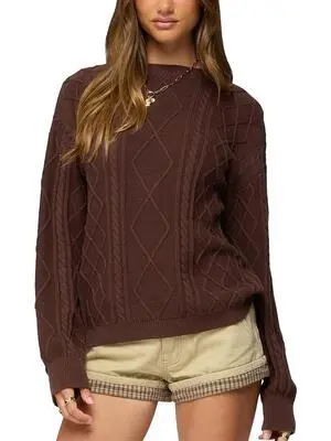 EDIKTED Jessy Cable Knit Oversized Sweater - Brown
