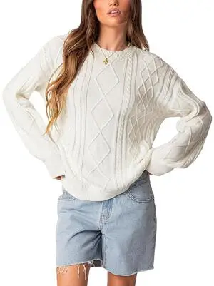 EDIKTED Jessy Cable Knit Oversized Sweater - Cream