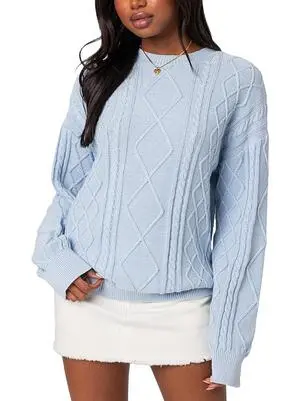 EDIKTED Jessy Cable Knit Oversized Sweater - Light Blue