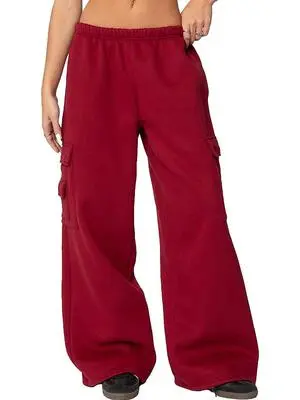 EDIKTED Wide Leg Cargo Sweatpants - Burgundy