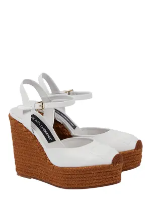Dolce & Gabbana Logo Embroidered Leather Wedge Espadrilles - White