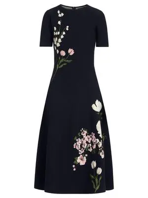 Oscar De La Renta Mixed Botanical Jacquard Dress - Navy