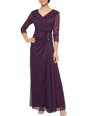 Alex Evenings Pleated Portrait Collar Chiffon Gown - Eggplant