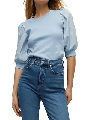 Veronica Beard Veronica Beard Puff-Sleeve Cotton Tee Lake Blue