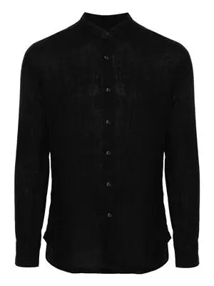 120% Lino Band-collar Linen Shirt - Black