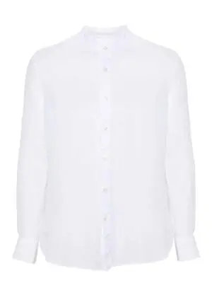 120% Lino Band-collar Linen Shirt - White