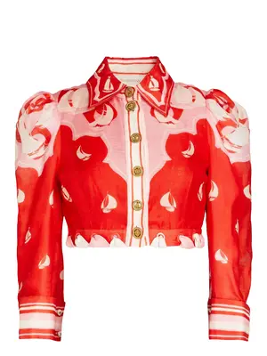 Zimmermann Cropped Printed Linen And Silk-blend Shirt - Tomato Red