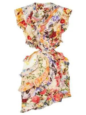 Zimmermann Open-Back Ruffled Floral-Print Mini Dress Red