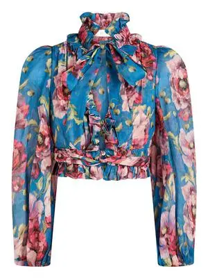 Zimmermann Floral-print Cropped Ramie Blouse - Petrol