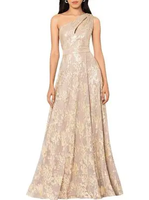 Betsy & Adam Metallic Floral One-shoulder Gown - White/ Pink/ Gold