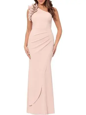 XSCAPE EVENINGS Ruffle One-shoulder Scuba Crepe Gown - Blush