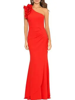 XSCAPE EVENINGS Ruffle One-shoulder Scuba Crepe Gown - Red