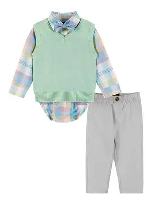 Andy & Evan Plaid Bodysuit And Sweater Vest Set - Light Green Plaid