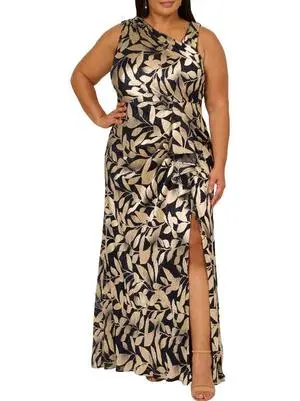Adrianna Papell Asymmetric Metallic Foil Leaf Gown - Navy/gold