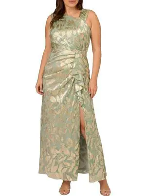 Adrianna Papell Asymmetric Metallic Foil Leaf Gown - Sage/gold