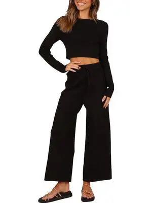 PETAL & PUP Ribbed Top And Wide-leg Pants Set - Black
