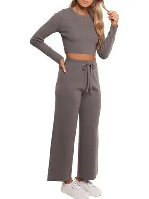 PETAL & PUP Ribbed Top And Wide-leg Pants Set - Charcoal Grey