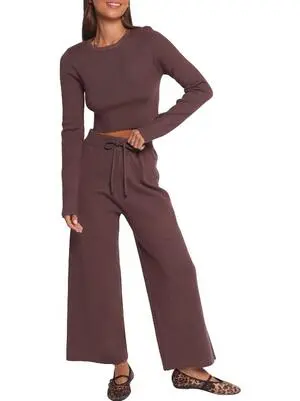 PETAL & PUP Ribbed Top And Wide-leg Pants Set - Chocolate Brown