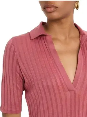 Vince Vince Elbow-Sleeve Silk Rib Polo Shirt Pink