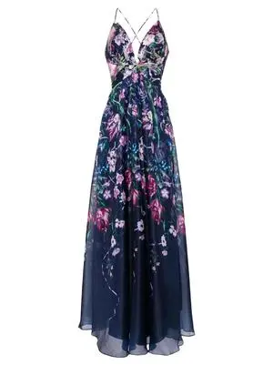Marchesa Floral Print Chiffon Gown - Blue