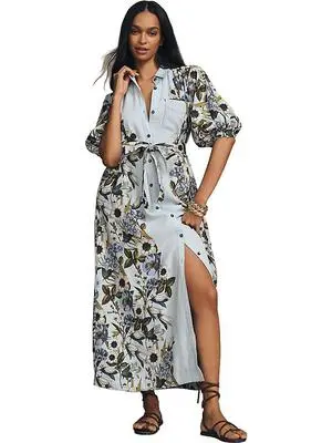 Maeve Mona Linen Maxi Shirtdress - Blue