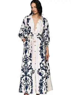 Maeve Maeve Floral Print Puff Sleeve Belted Shirt Dress Navy