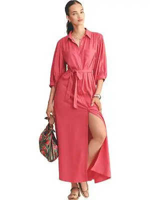 Maeve Maeve Floral Print Puff Sleeve Belted Shirt Dress Raspberry