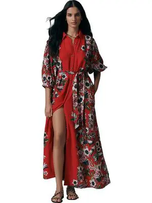 Maeve The Mona Linen Shirt Dress - Red Floral
