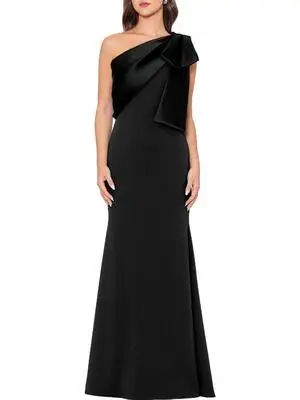 Betsy & Adam Satin Bow Crepe Mermaid Gown - Black