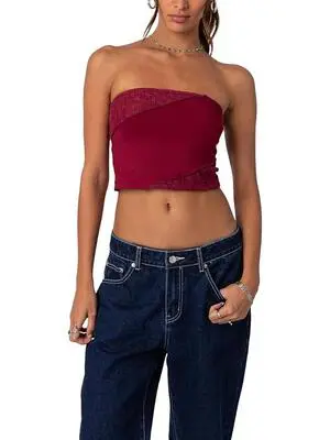 EDIKTED Lace Patchwork Tube Top - Burgundy