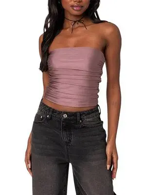 EDIKTED Maxeen Shiny Gathered Tube Top - Mauve