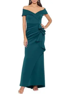 XSCAPE EVENINGS Off-the-shoulder Scuba Crepe Gown - Hunter