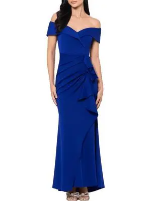 XSCAPE EVENINGS Off-the-Shoulder Scuba Crepe Gown Marine