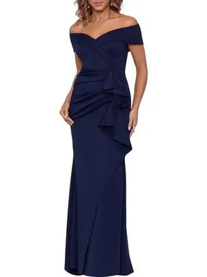 XSCAPE EVENINGS Off-the-Shoulder Scuba Crepe Gown Midnight