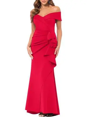 XSCAPE EVENINGS Off-the-Shoulder Scuba Crepe Gown Red