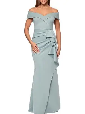 XSCAPE EVENINGS Off-the-shoulder Scuba Crepe Gown - Sage