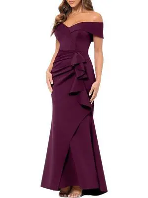 XSCAPE EVENINGS Off-the-shoulder Scuba Crepe Gown - Wine