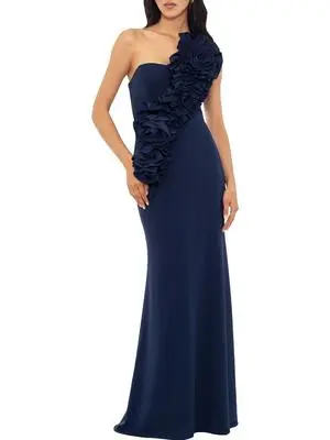 Betsy & Adam Rosette One-shoulder Trumpet Gown - Navy