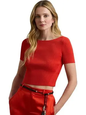 Ralph Lauren Rib-knit Cropped Short-sleeve Sweater - Bright Vermilion
