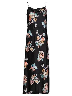 Vince Draped Floral-print Satin Maxi Dress - Black