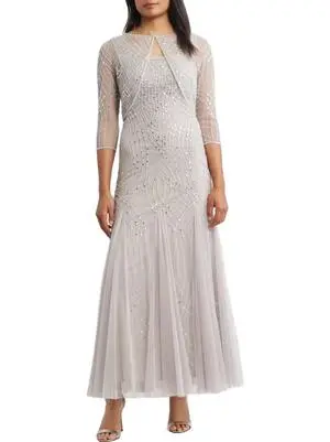 Pisarro Nights Beaded Gown With Jacket - Silver