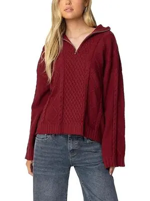 EDIKTED Oversized Quarter Zip Cable Knit Sweater - Burgundy