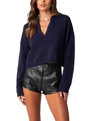 EDIKTED Marcie Oversized Cropped Sweater - Navy