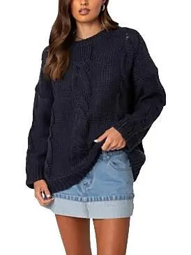 EDIKTED Alene Cable Knit Sweater - Navy