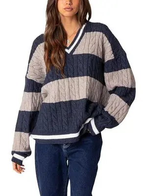 EDIKTED Romie V Neck Cable Knit Sweater - Navy